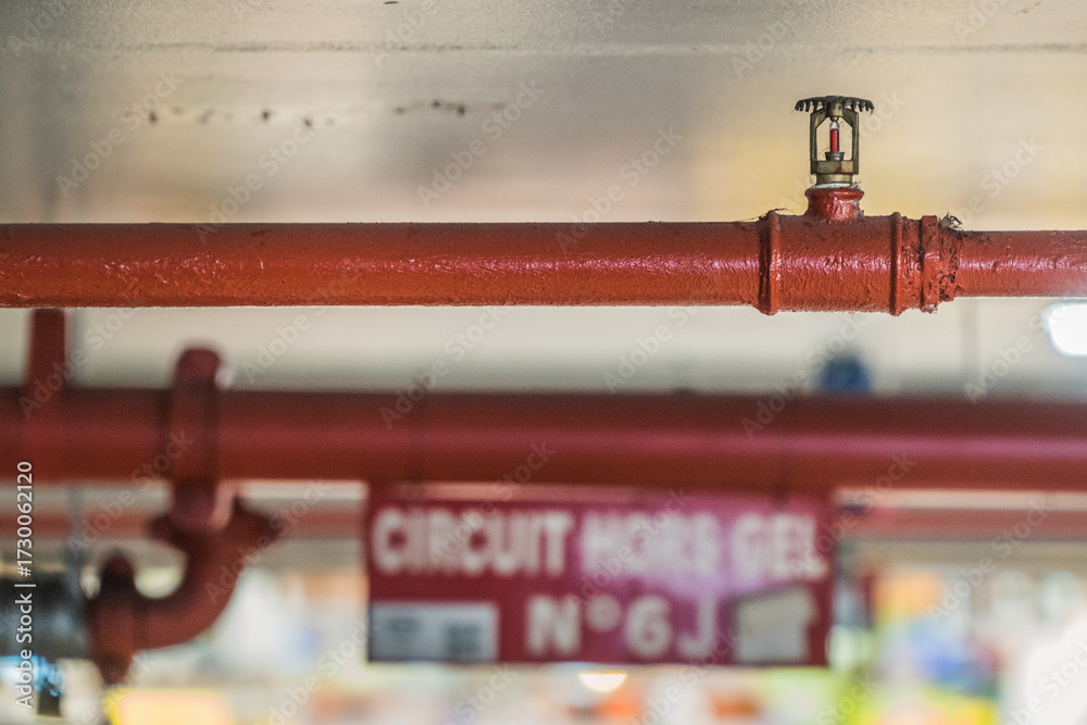 Red fire sprinkler system pipe with sprinkler head on ceiling for fire ...