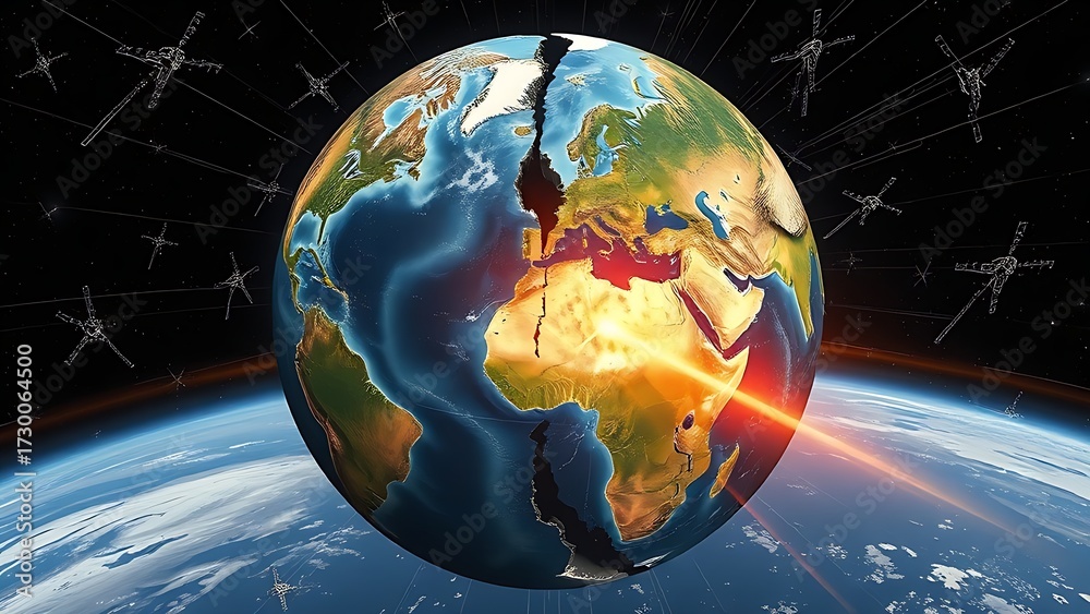 Fractured globe with mismatched seasonal quadrants spinning chaotically ...