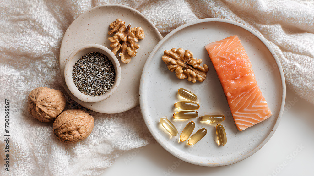 Top view macro styled setup of omega 3 sources including walnuts salmon ...
