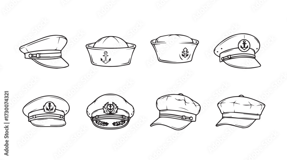 Collection of various nautical hats and caps hand drawn sketch style ...