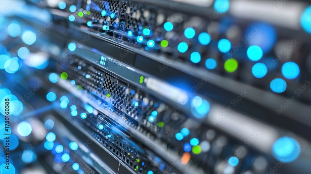 cables. Close-up view of illuminated server components in a data center ...