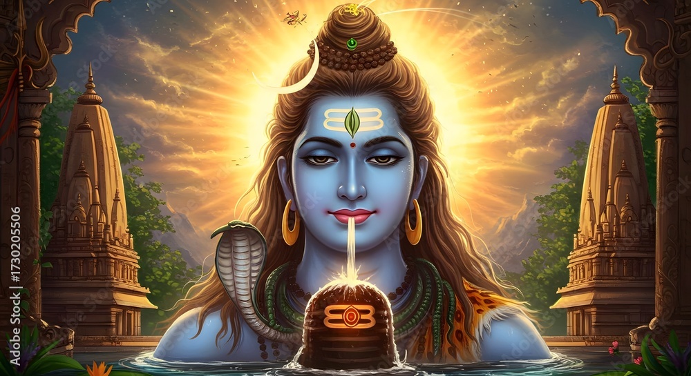 Celestial portrait of Lord Shiva in profound meditation, emanating ...