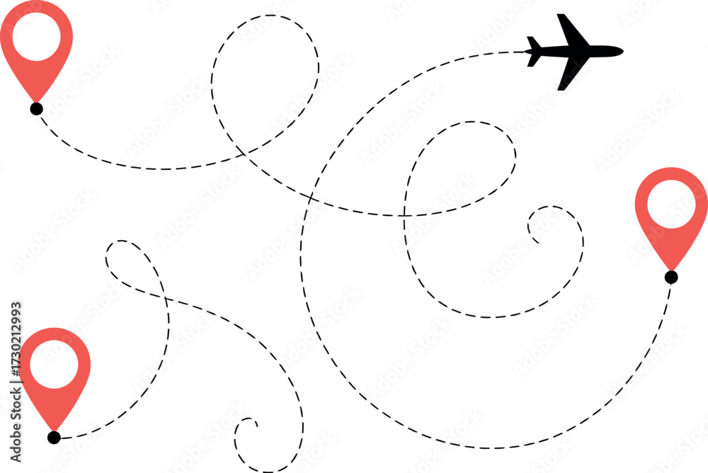 Airplane tracing a dotted line route connecting multiple destination ...