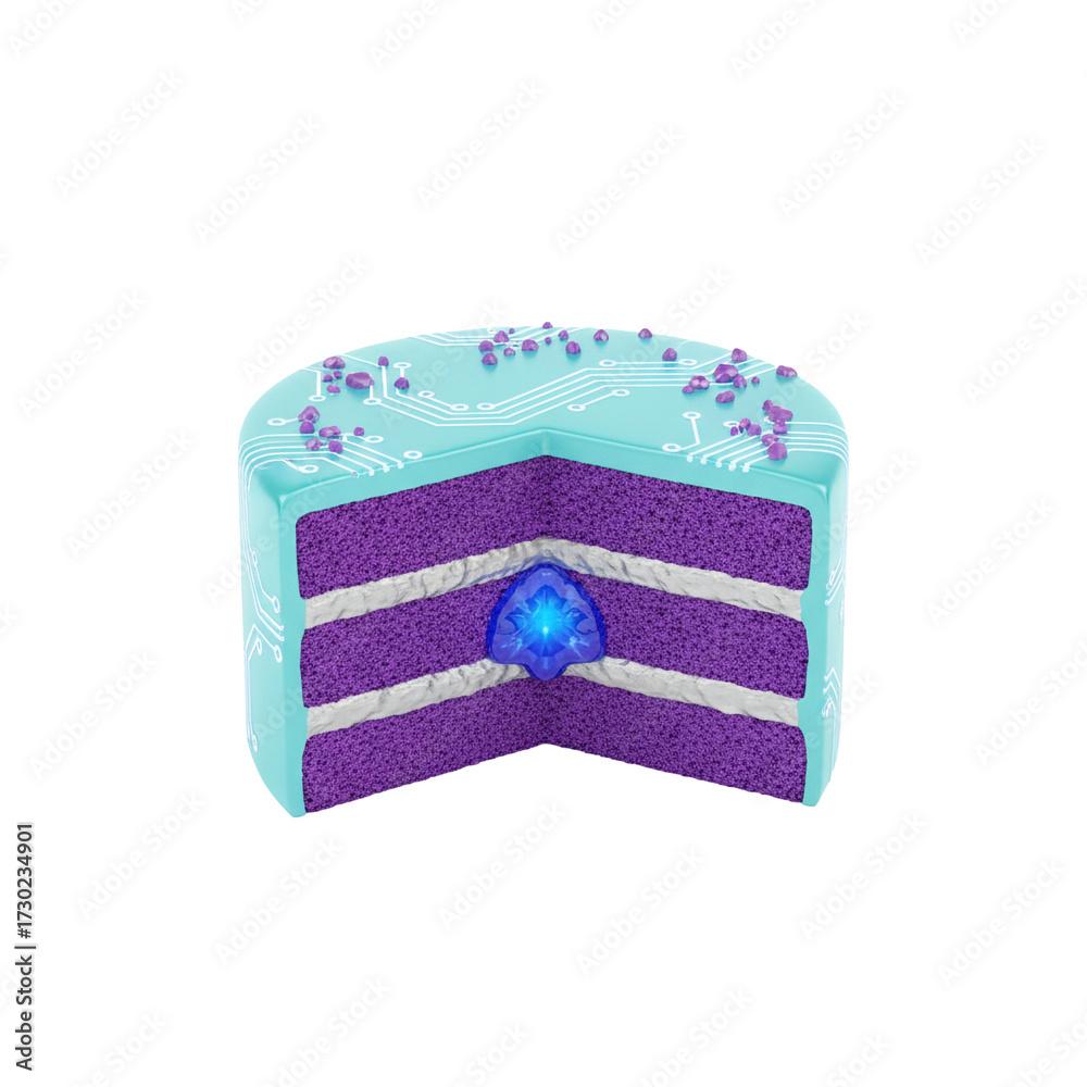 Futuristic digital cake with glowing gem center and circuit board ...