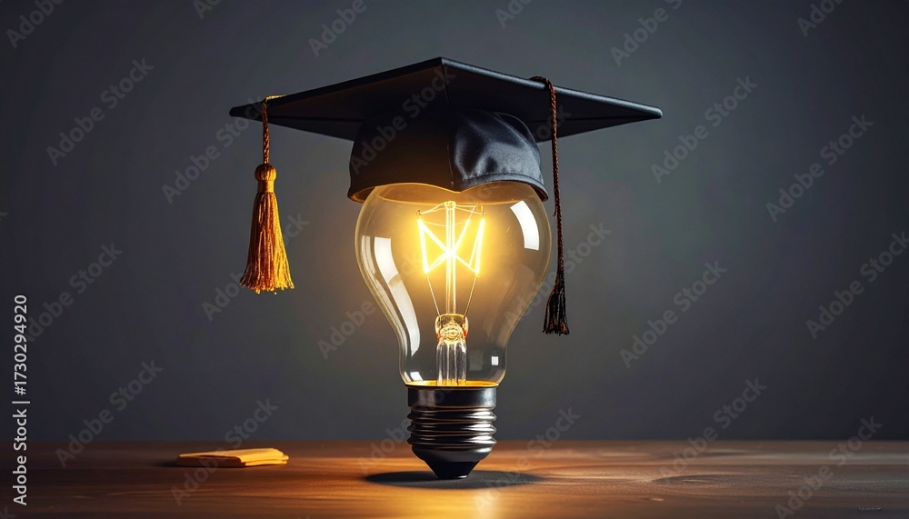 Illuminated light bulb wearing a graduation cap, placed on a dark ...