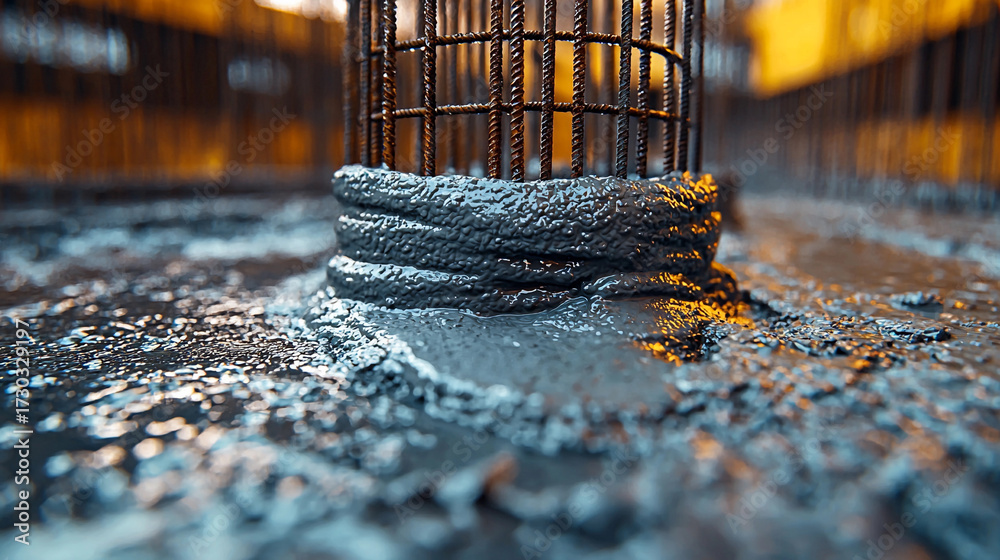 Wet concrete fills around a steel column in construction site ...