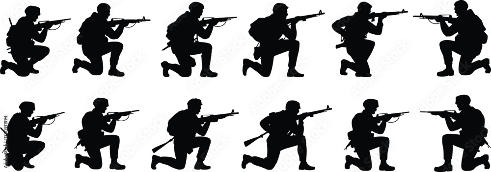 Soldier Silhouette Vector Set Featuring Tactical Poses, Kneeling and ...