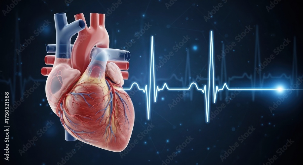 3D rendering of a human heart with a blue background and a heartbeat ...