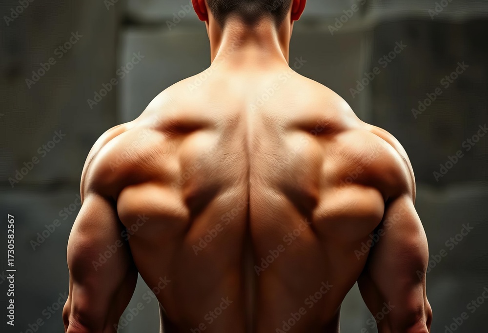 Wide, muscular back with defined latissimus dorsi, trapezius, and ...