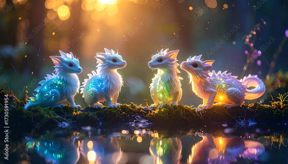 Four small, mythical creatures with glowing bodies sit on a log by ...