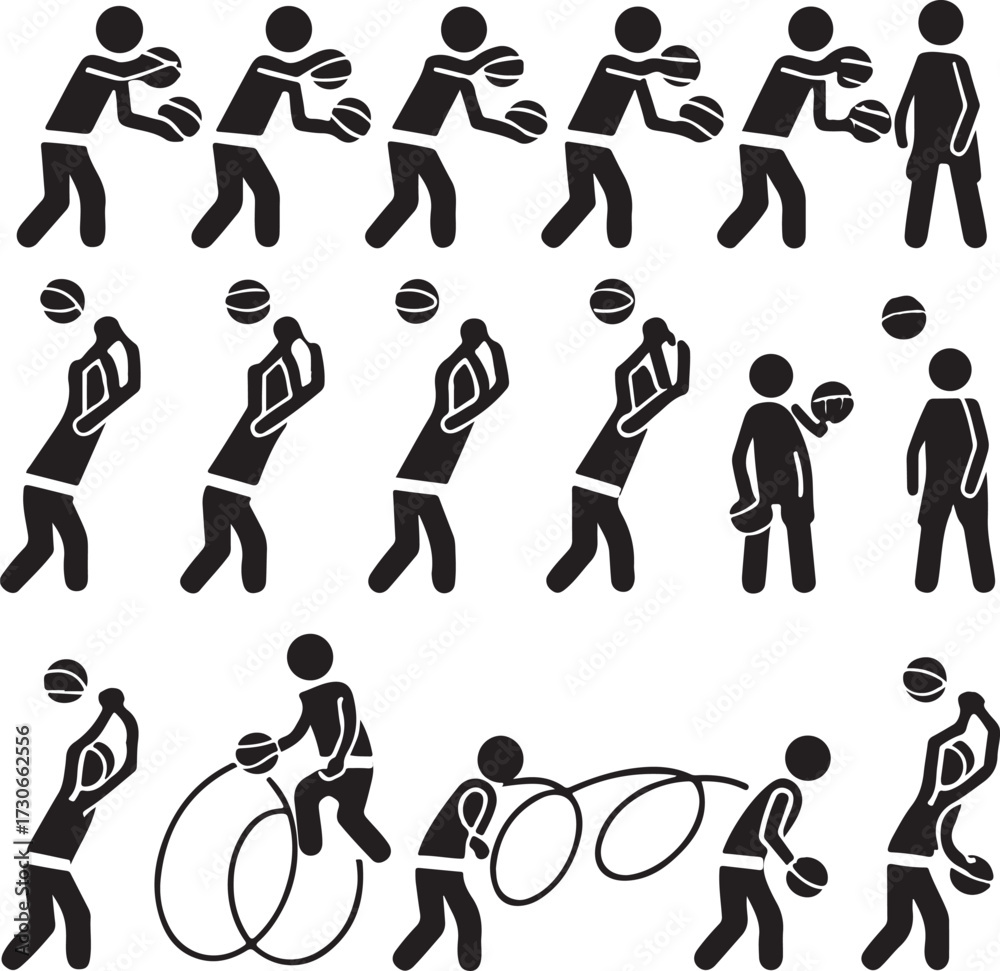 Basketball Player Silhouette Poses Sequence Of Actions And Movements ...