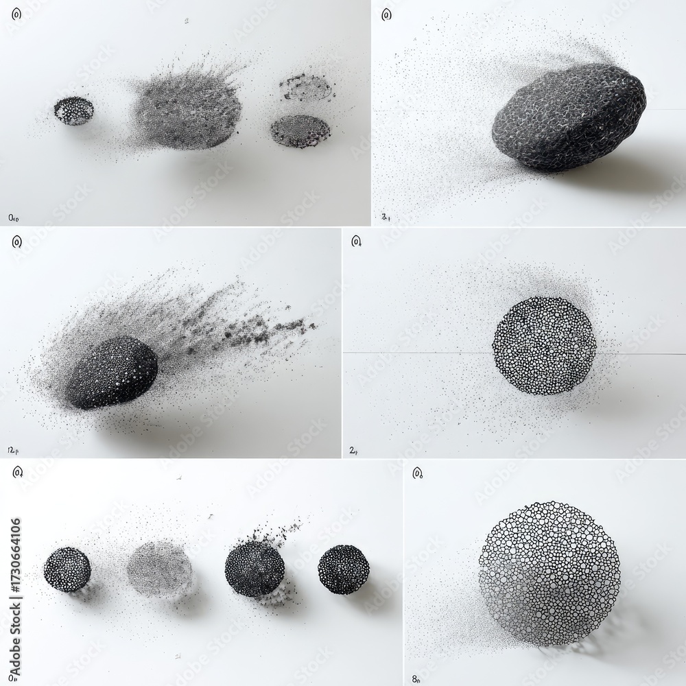 Series of grayscale images showing a dark sphere impacting a light ...