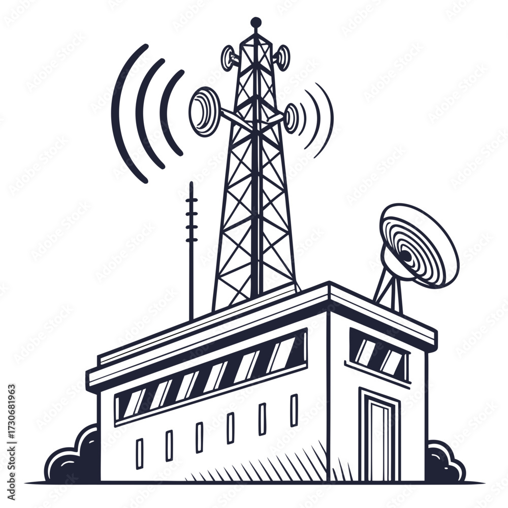 Communication tower and satellite dish atop a modern building ...