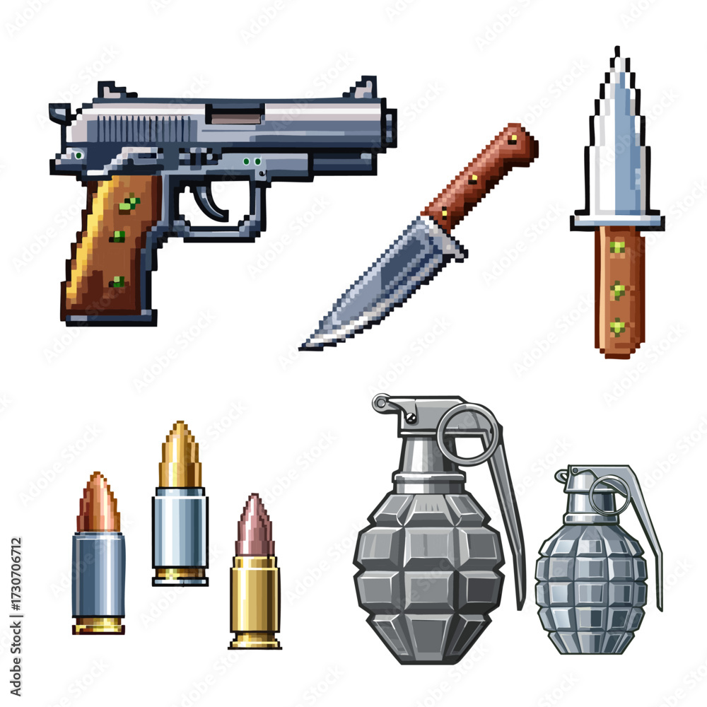 Pixel art style collection of various military and combat weapons ...