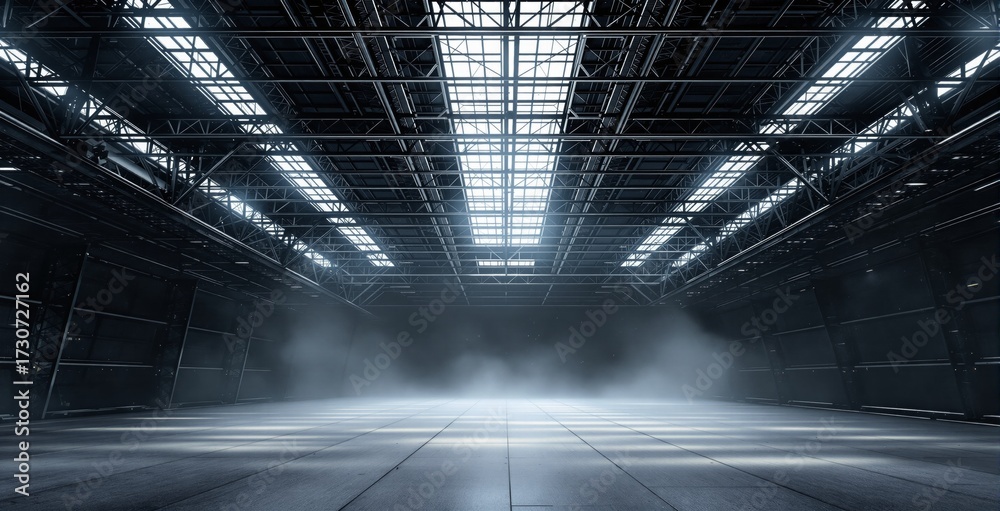 Futuristic spacious architectural interior of industrial warehouse with ...