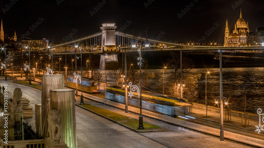 Fotografie Budapest cityscape with historical architecture illuminated ...