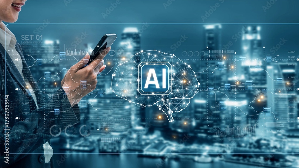 AI neural network and data processing system visualizing artificial ...