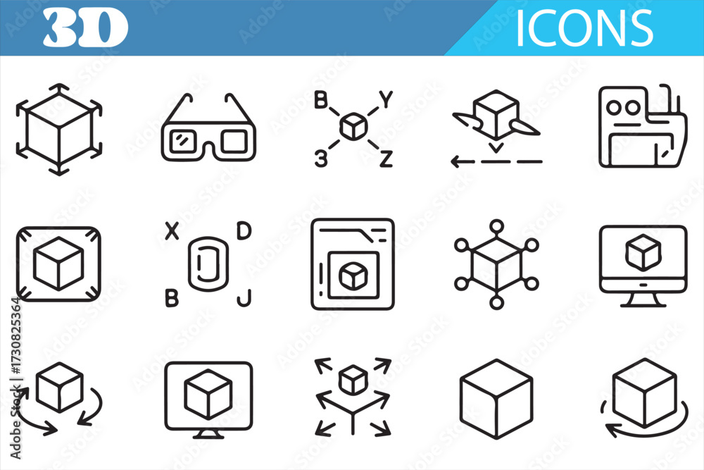 3D UI Icons — Clean Line Cubes, XYZ Axes, Rotate, Scale, Translate ...