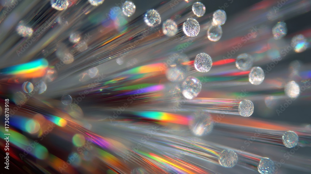 Fiber optic cable ends with glass cores. Rainbow light refraction ...