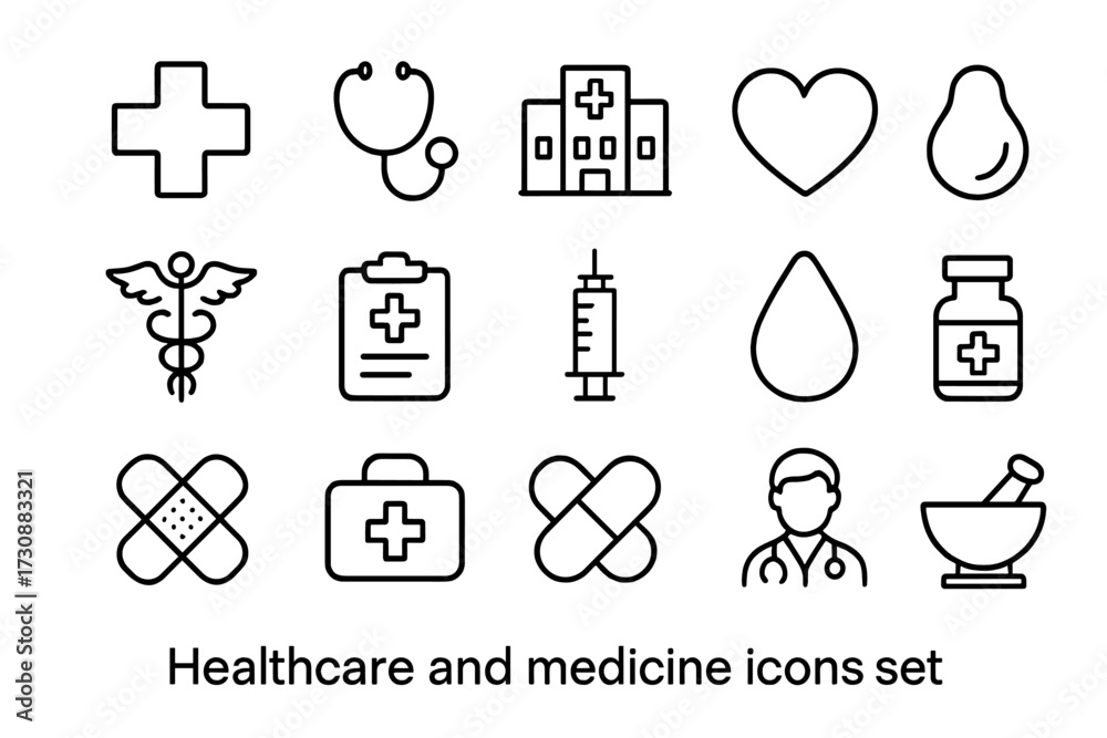 Collection of healthcare and medicine icons featuring symbols of health ...