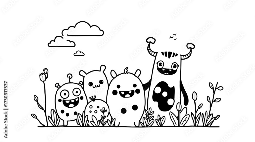 Cartoon monsters gather in a field with plants and a cloud, depicted in ...