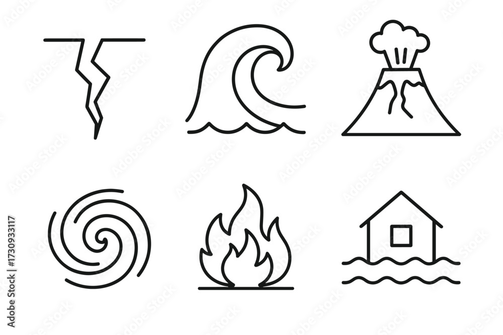 Outline icons of natural disasters: earthquake, tsunami, volcano ...