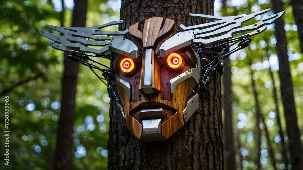 Half-wood, half-metal tree guardian with glowing robotic eyes ...