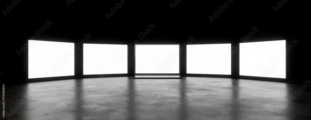 Sequence of five laptop screens with the computer in the center and ...