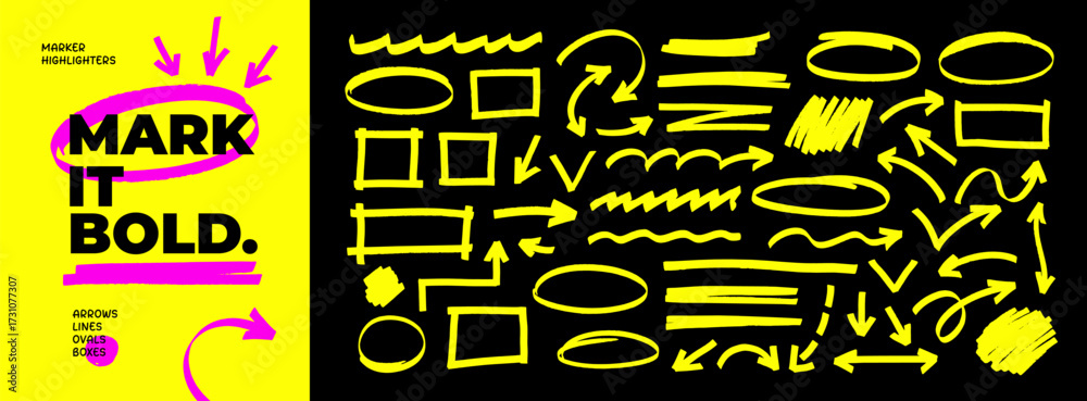 Yellow marker highlight set. Underlines, emphasis elements and arrows ...