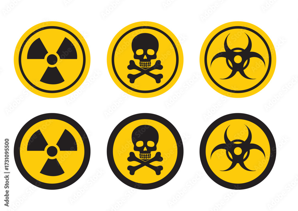 Collection of warning symbols including biohazard, toxic hazard, and ...
