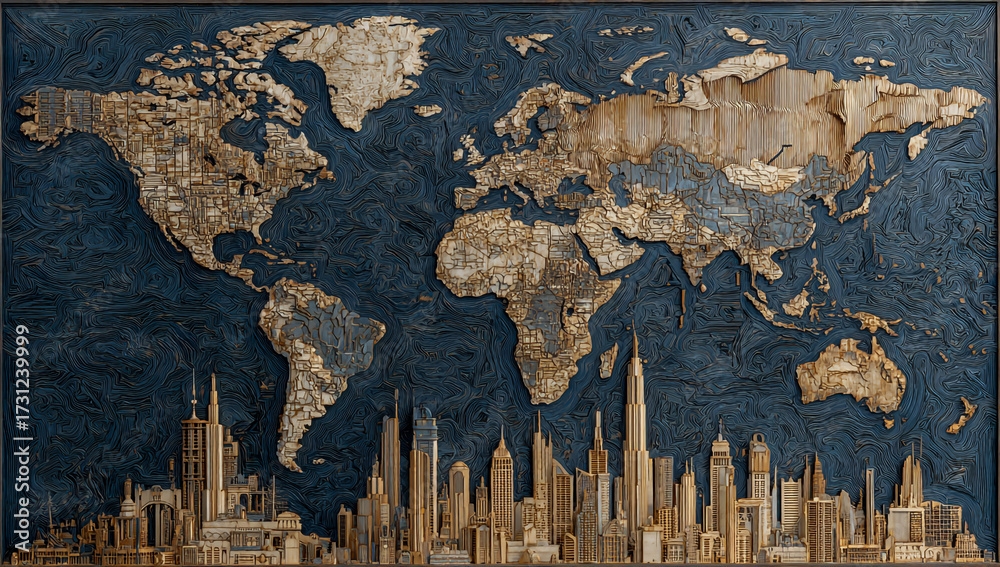 World map art with city skyline overlay representing global ...