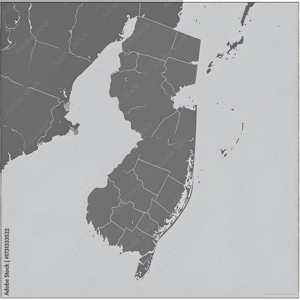 Grayscale map highlighting New Jersey's counties and bordering water ...