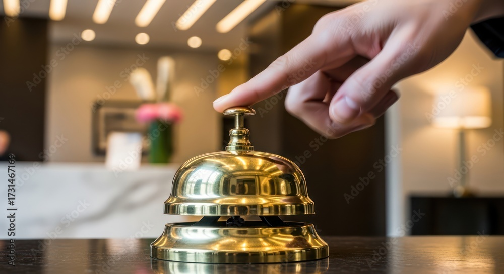 Ringing for service at a hotel reception, a symbol of prompt attention ...