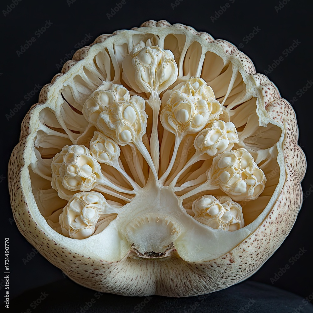 A cross section of a jackfruit showing its internal structure and seed ...
