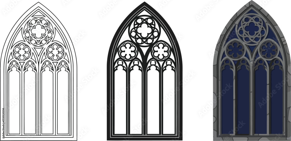 Gothic window tracery variations including line art silhouette and ...
