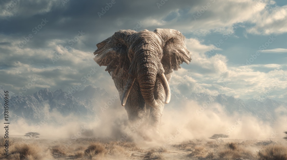 a colossal, world’s largest elephant charging forward, its massive body ...