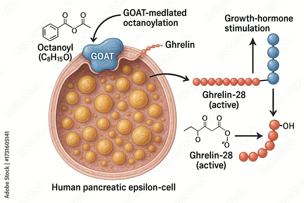 Diagram illustrating the synthesis and activation of ghrelin within a ...