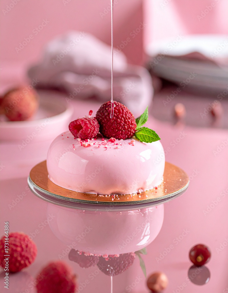 Lychee rose mousse cake, mirror glaze wave frozen mid-pour Stock Photo ...