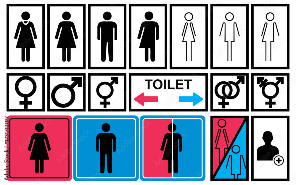 A diverse collection of public restroom and toilet pictograms ...