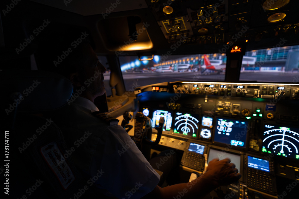 Commercial pilot operating flight simulator in cockpit Stock Photo ...