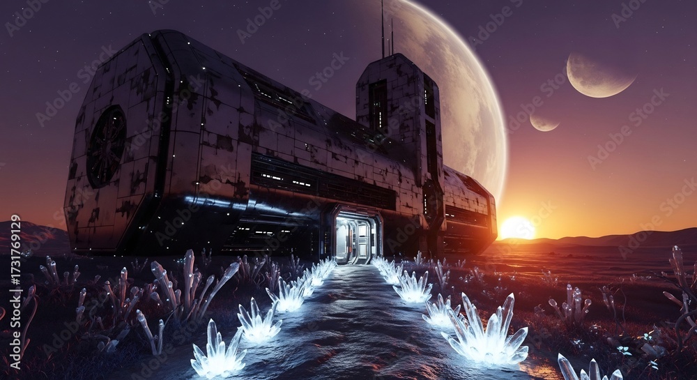 Futuristic base on an alien planet with crystals under a vibrant sunset ...