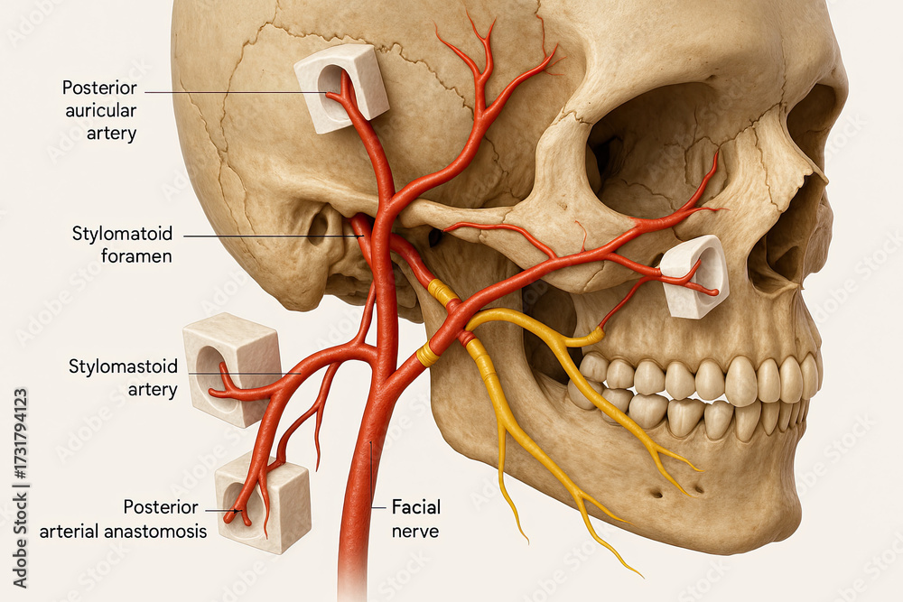Anatomical illustration of the human skull showing the posterior ...
