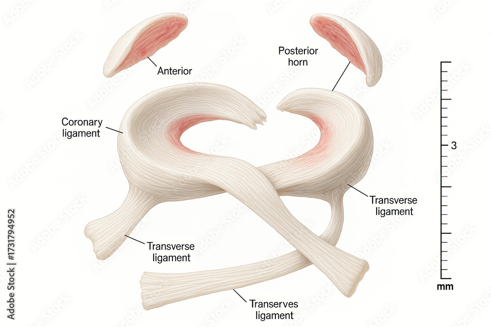Anatomical illustration of the meniscus with labels for anterior and ...