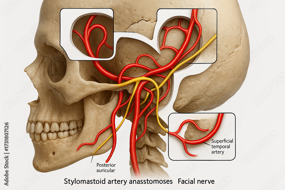 Anatomical illustration showing the stylomastoid artery anastomosing ...
