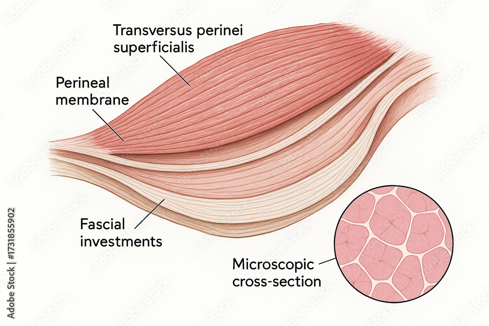 Anatomical illustration showing the transversus perinei superficialis ...