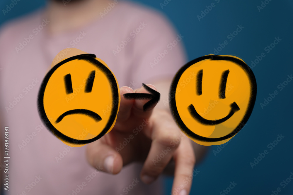Visual representation of emotional transformation, showing a sad emoji ...