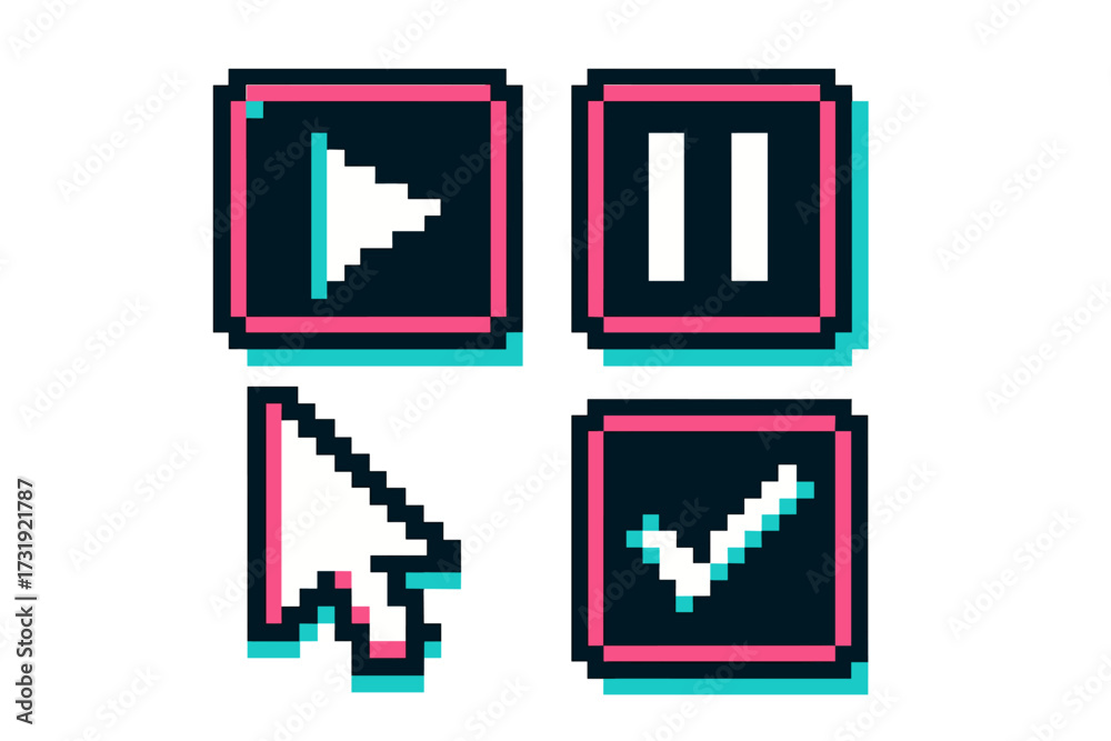 Vibrant glitch aesthetic pixel art user interface icons: play, pause ...