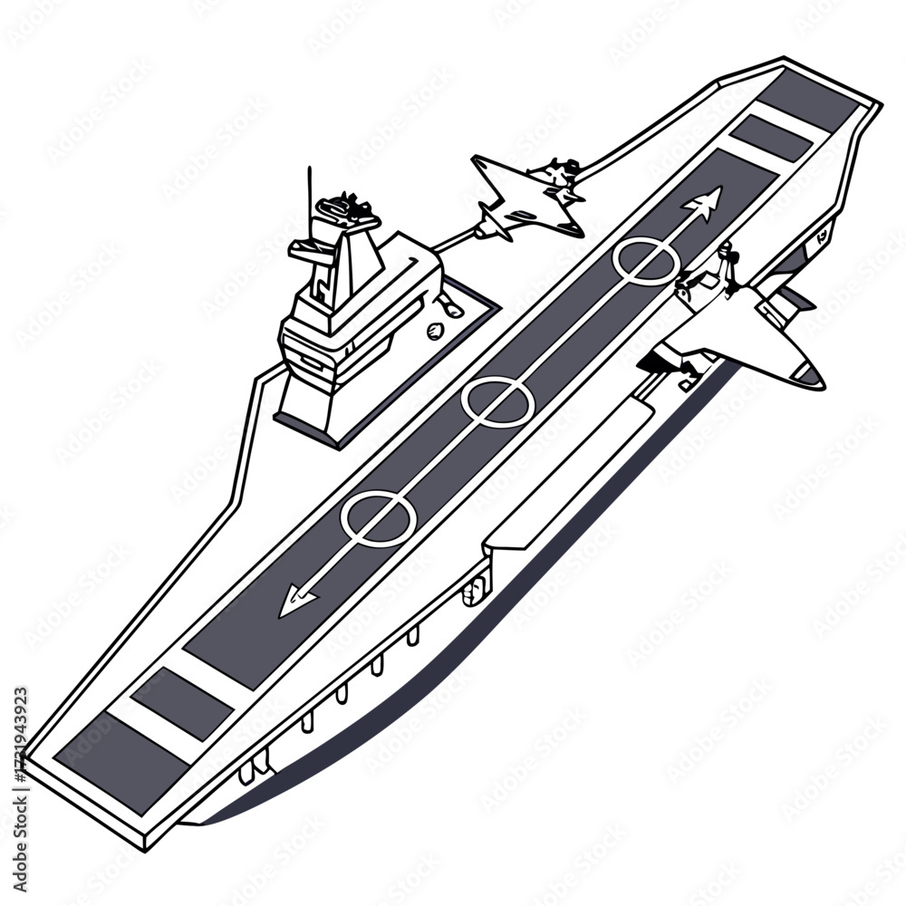 Stylized illustration of a modern aircraft carrier with fighter jets on ...
