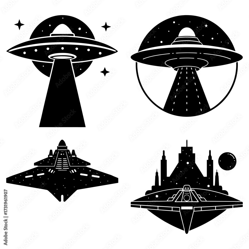 Illustration of four black and white ufo designs with different shapes ...