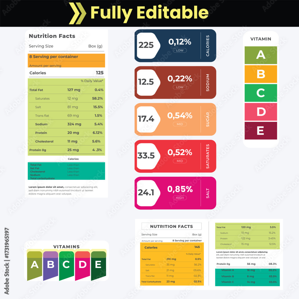 Quick Nutrition Facts Labels and Vitamin Chart with Editable Text and ...
